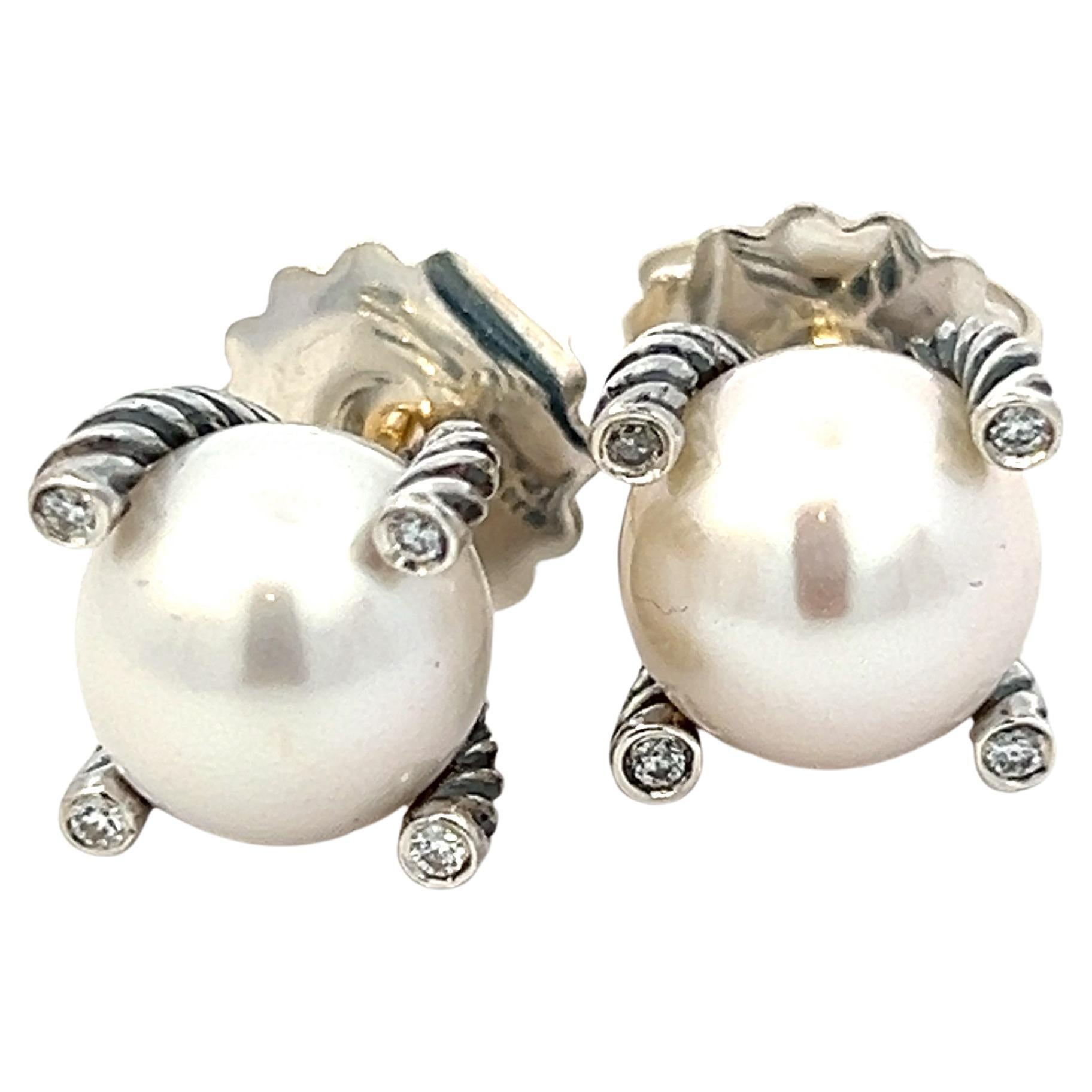 David Yurman Authentic Estate Diamond Pearl Earrings 14k Gold + Sil 10 ...
