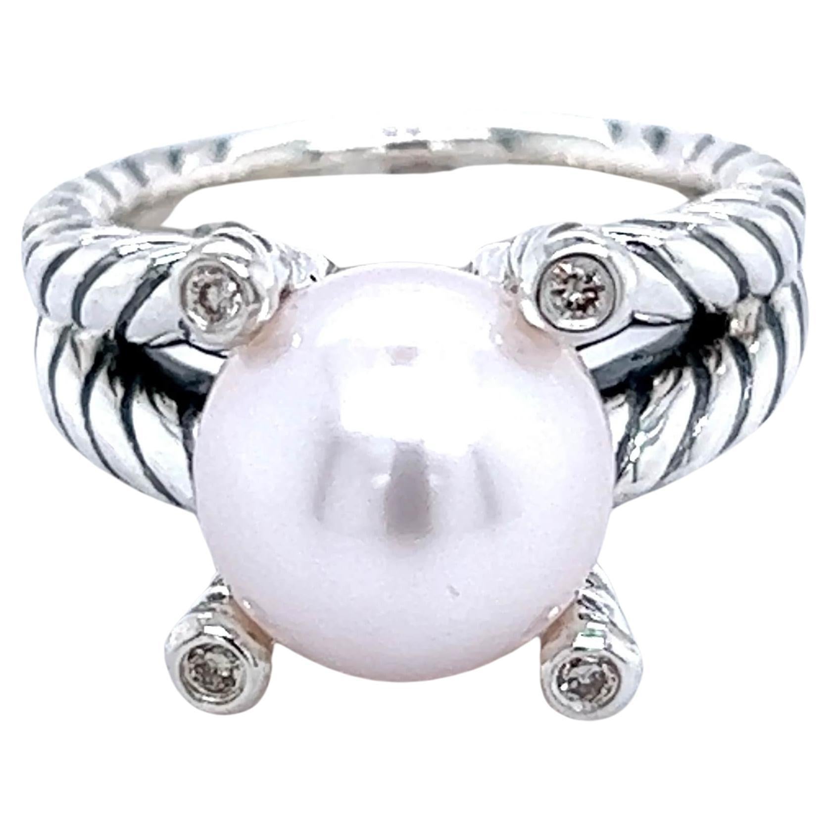 David Yurman Authentic Pearl Diamond Cable Collectables Ring 7 Silver 0 ...
