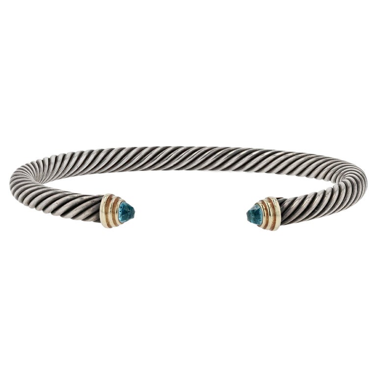 David Yurman Blue Topaz 14k Silver Cable Cuff Bracelet For Sale at 1stDibs