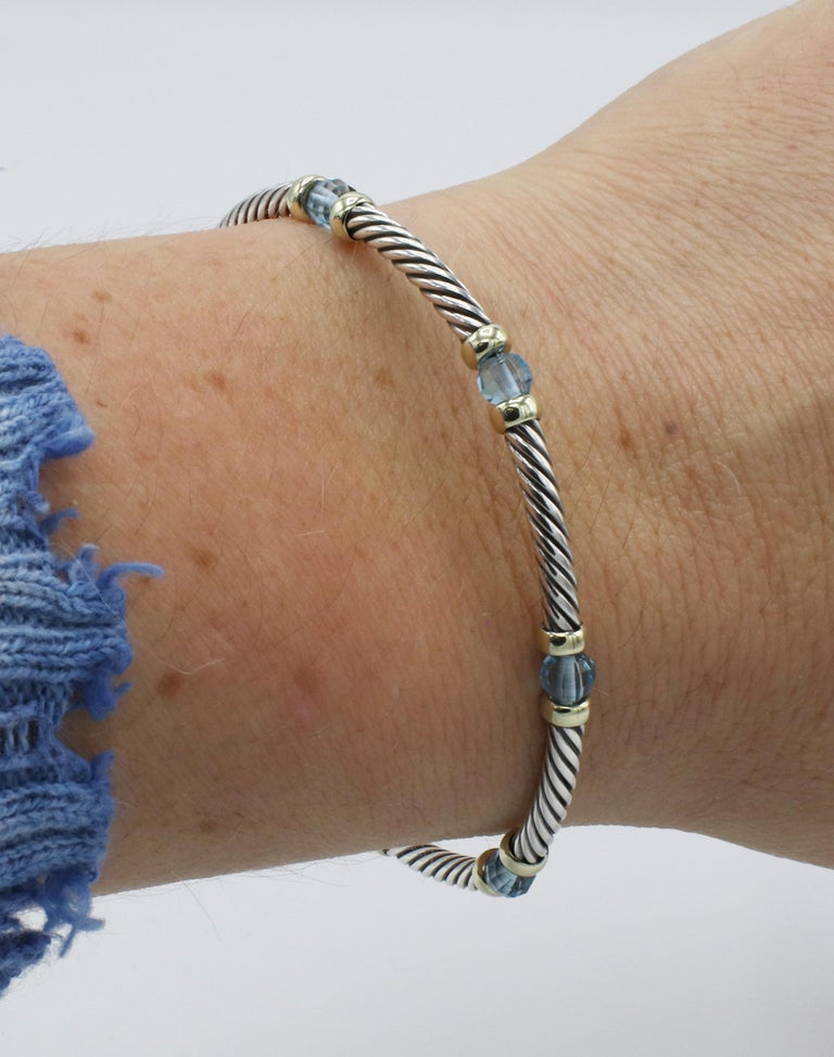 David Yurman Cable Sterling Silver and Gold Blue Topaz Station Bracelet ...
