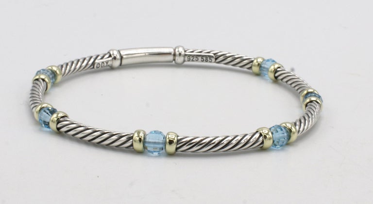David Yurman Cable Sterling Silver and Gold Blue Topaz Station Bracelet ...