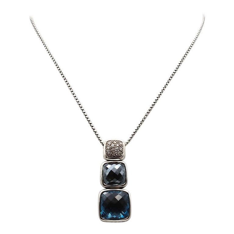 David Yurman 'Chiclet' London Blue Topaz Drop Pendant Necklace at 1stDibs