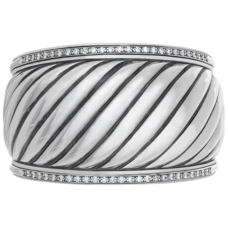 David Yurman Diamond Fluted Wide Sterling Silver Cuff Bracelet For Sale ...
