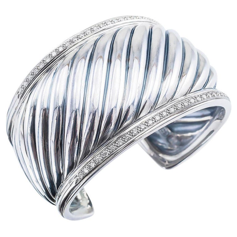 David Yurman Diamond Fluted Wide Sterling Silver Cuff Bracelet at 1stDibs