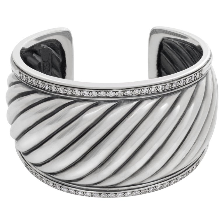 David Yurman Diamond Fluted Wide Sterling Silver Cuff Bracelet For Sale ...