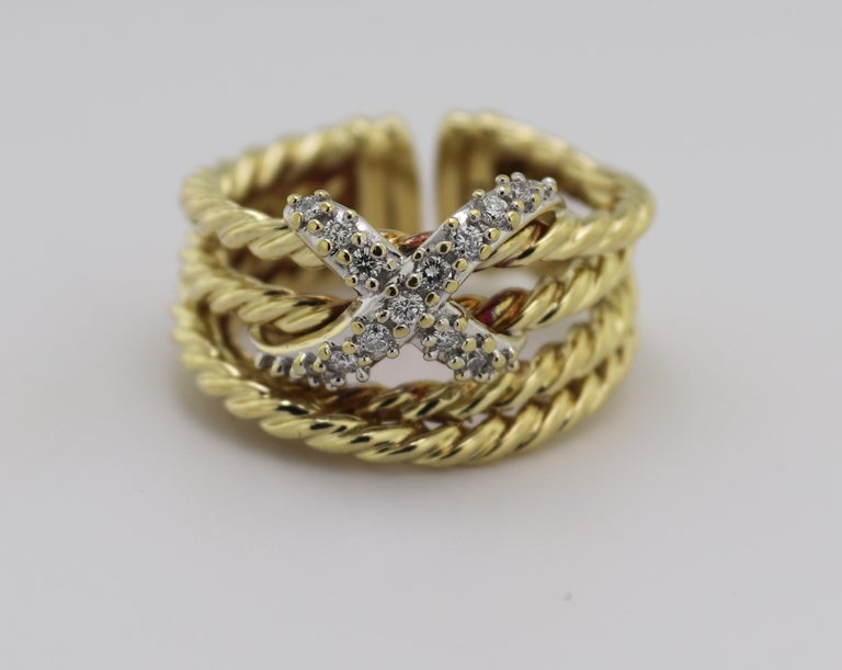 David Yurman Diamond Gold “X” Cross Over Band Ring For Sale at 1stDibs