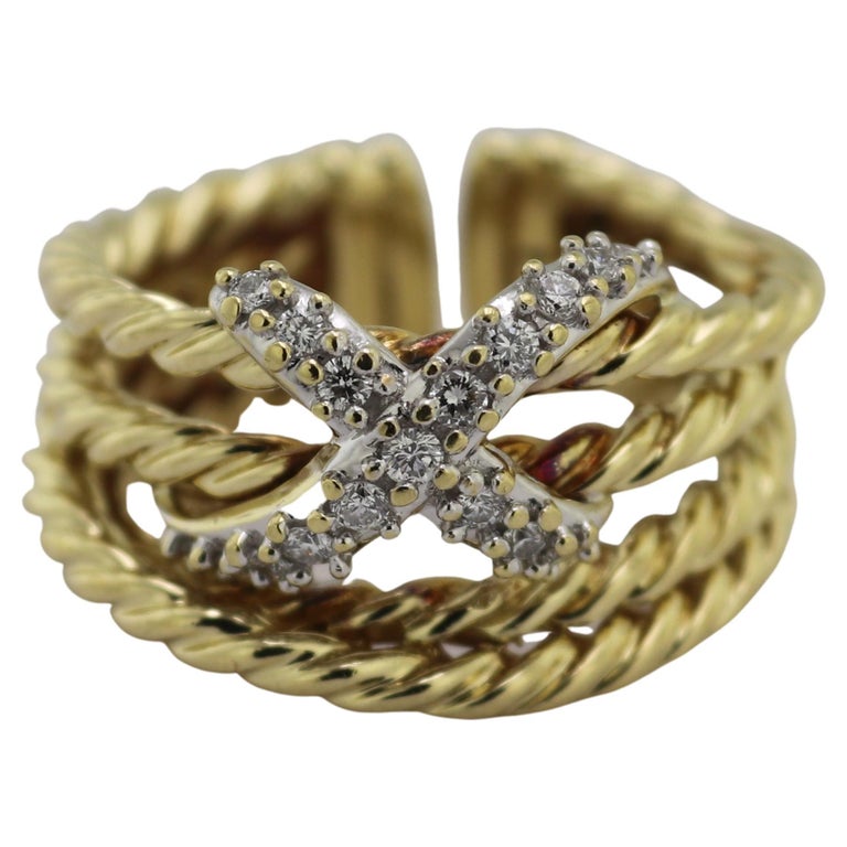 David Yurman Diamond Gold “X” Cross Over Band Ring For Sale at 1stDibs