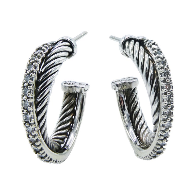 David Yurman Diamond Hoop Cable Crossover Earrings Sterling Silver and ...