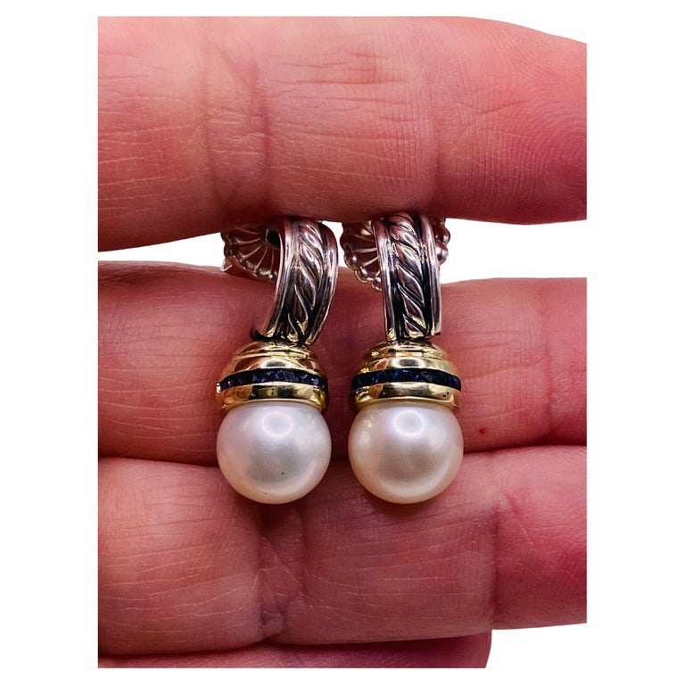 David Yurman Sapphire Pearl Post Earrings For Sale at 1stDibs