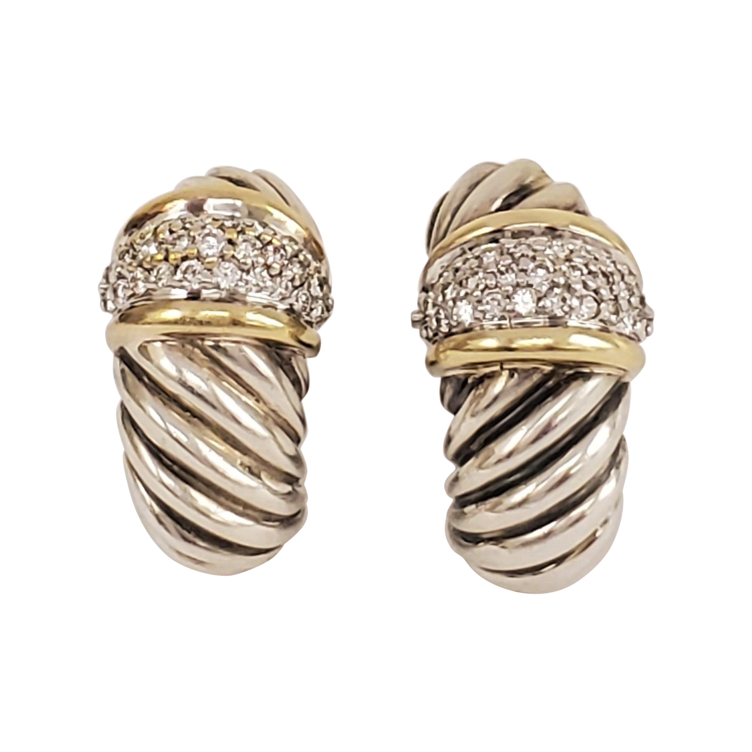 David Yurman Silver Gold and Diamond Cable Earrings at 1stDibs