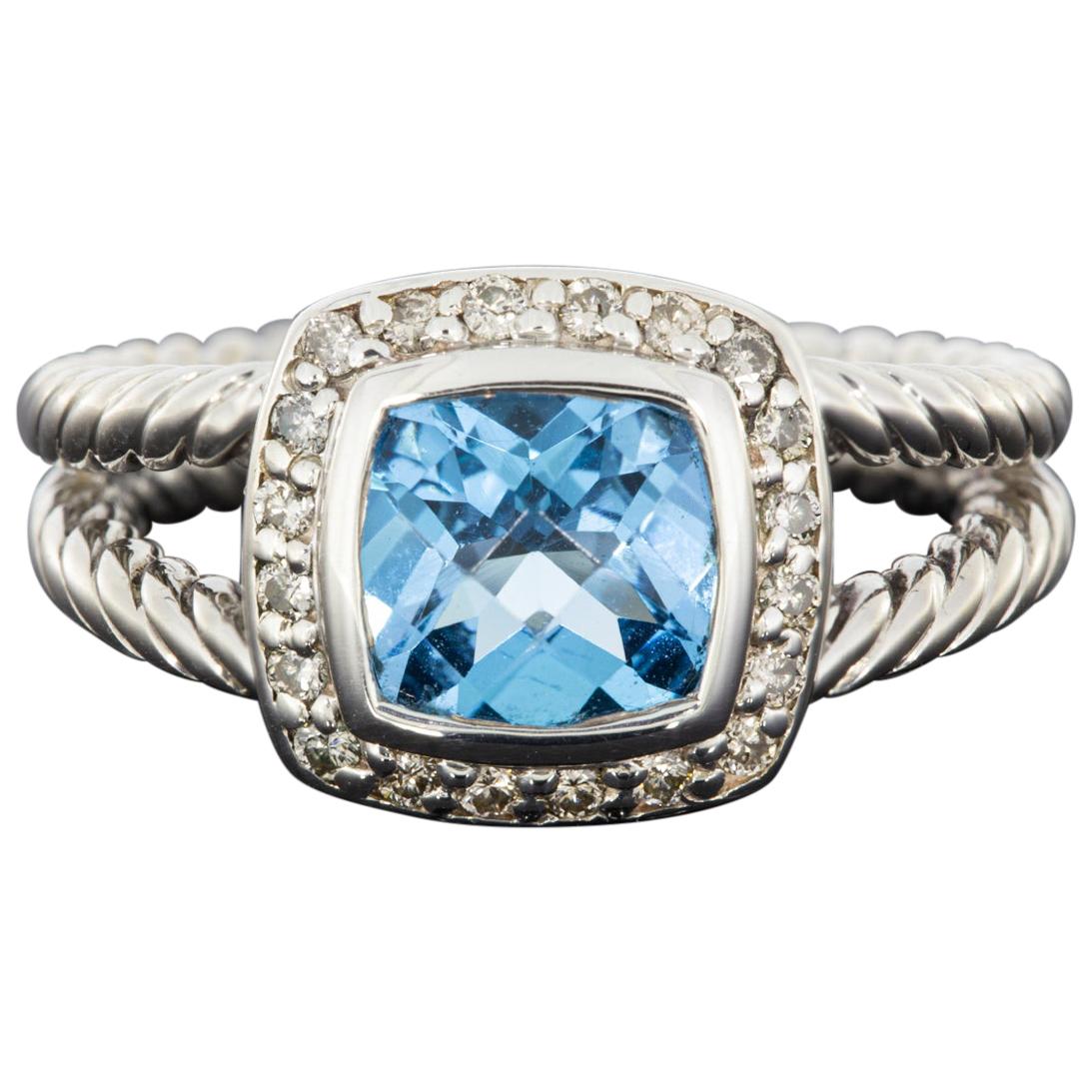 David Yurman Albion Sterling Silver Cushion Blue Topaz and Diamond Halo ...