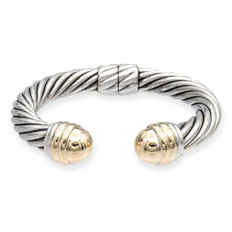 David Yurman Sterling Silver 14K Gold Dome Hinge Cable Cuff Bracelet ...