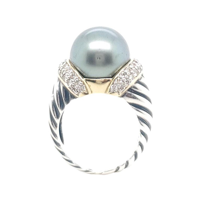 David Yurman Sterling Silver Diamond and Black Pearl Cable Ring at ...