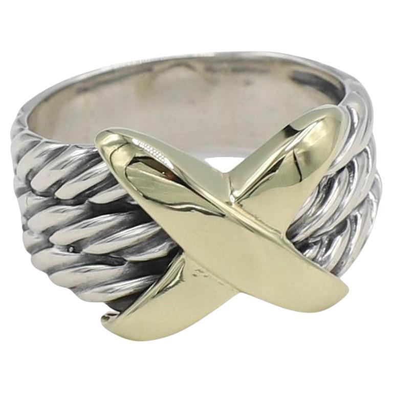 David Yurman Sterling Silver and Gold Cable X Band Ring at 1stDibs