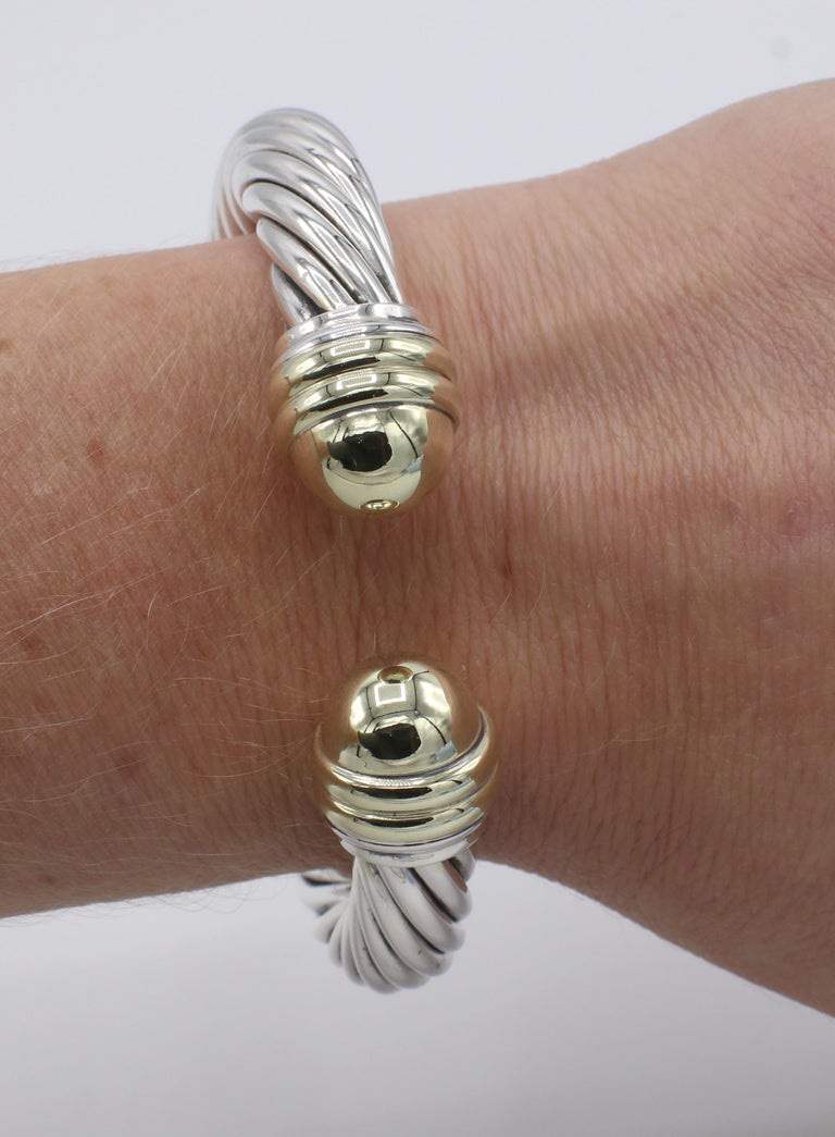 David Yurman Sterling Silver and Gold Hinged Cable Cuff Bangle Bracelet ...