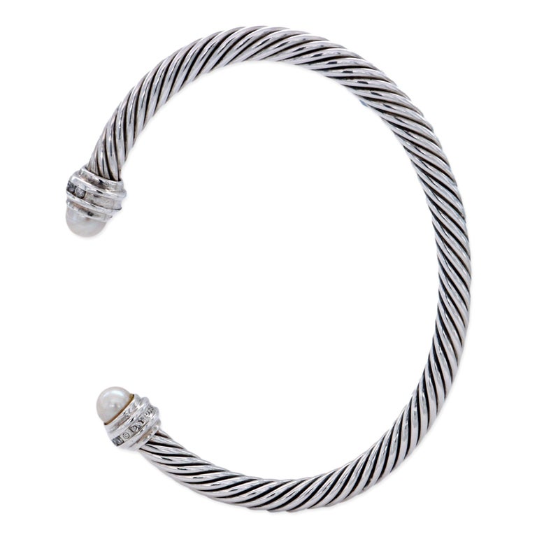 David Yurman Sterling Silver Pearls and Diamonds Cable Bracelet 5mm ...