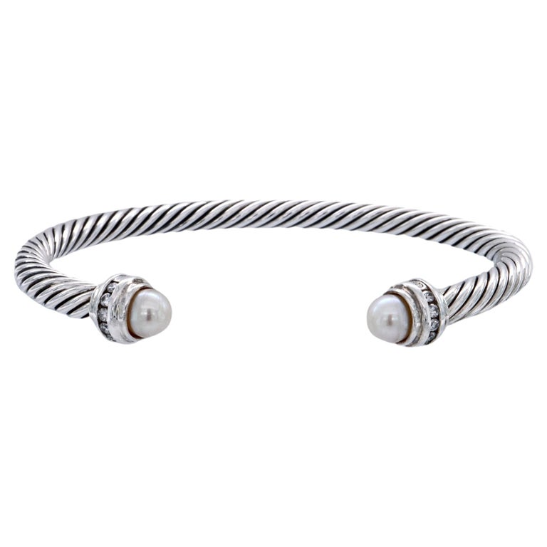 David Yurman Sterling Silver Pearls and Diamonds Cable Bracelet 5mm ...
