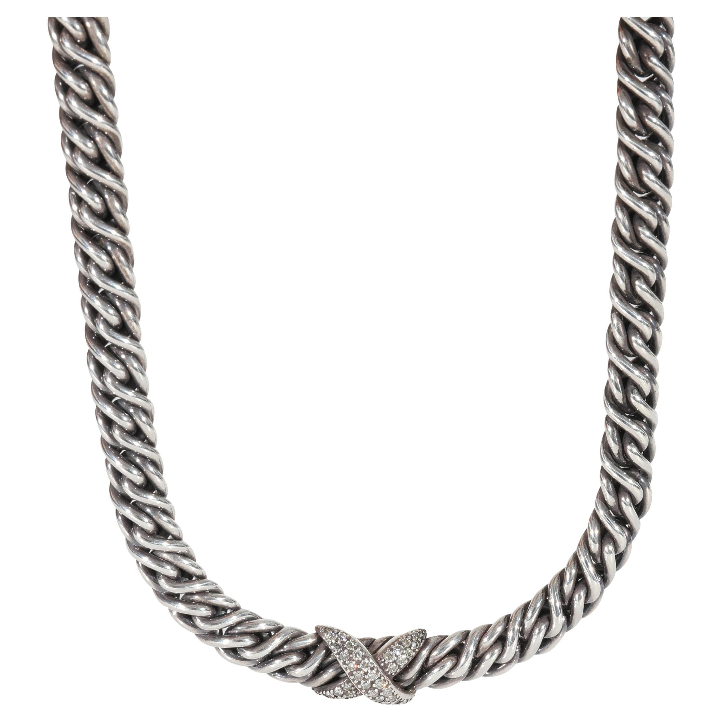 David Yurman Sterling Silver Pave Diamond Double Wheat Chain Necklace ...