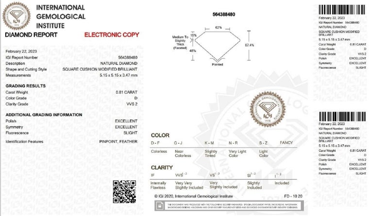 Dazzling 1 Pc Natural Diamond w/ 0.81ct Cushion D VVS2 IGI Certificate IGI Cert For Sale at 1stDibs