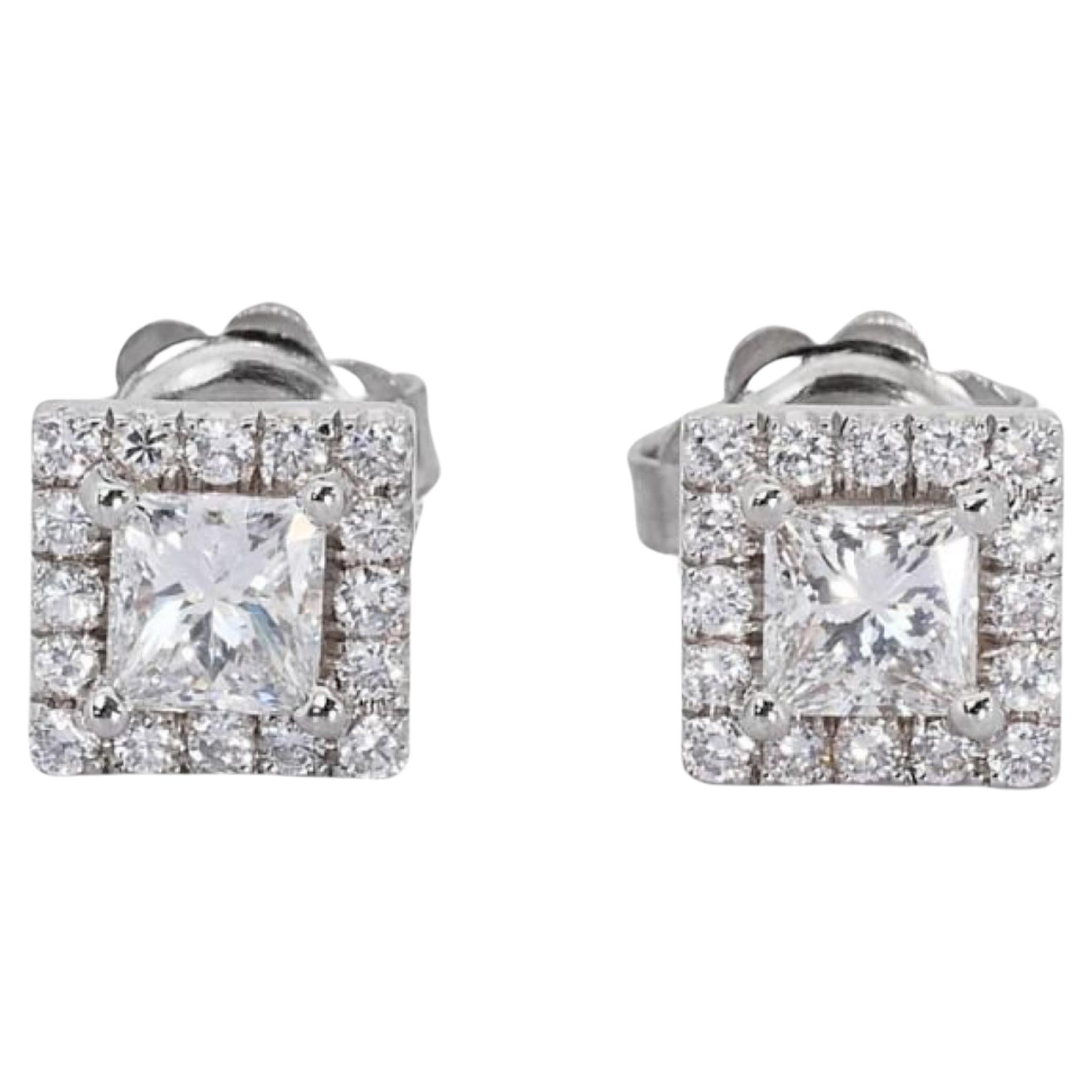 Ladies 18K White Gold 2.01ct. Princess Cut Diamond Stud Earrings For ...