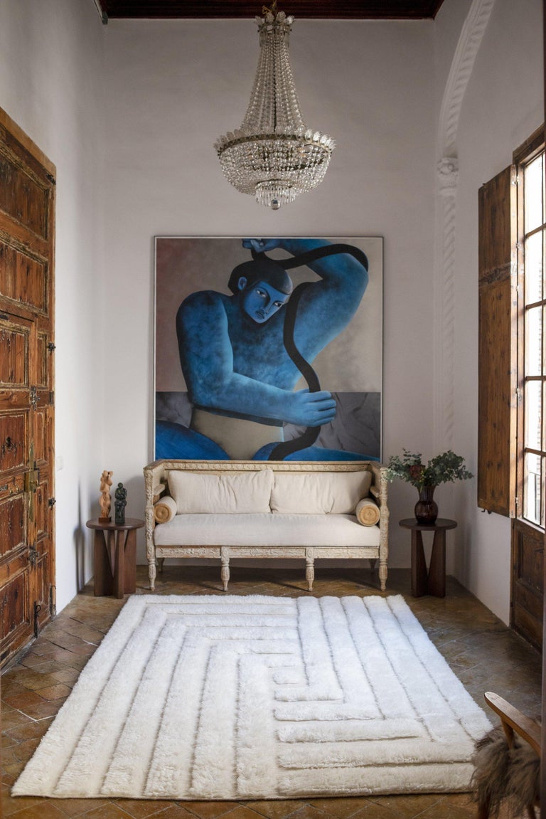 Handwoven Shaggy Labyrinth Wool Rug White Medium For Sale at 1stDibs