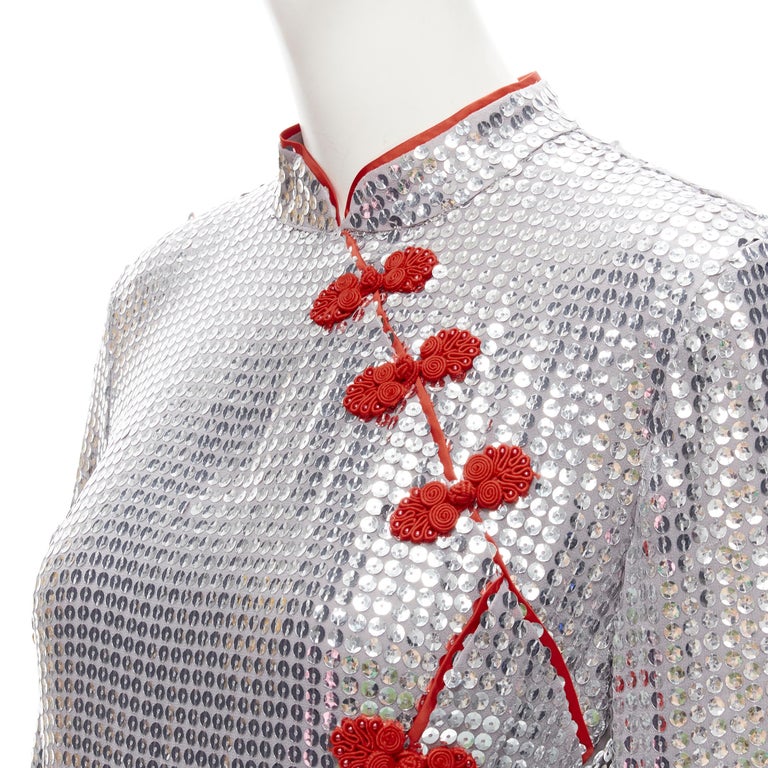 DE LA VALI silver sequins red Chinese butterfly buttons mini dress UK8 ...