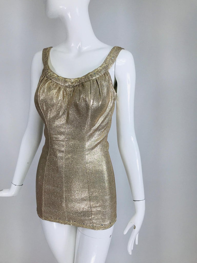 De Weese Designs 1950s Gold Metallic and Rhinestone Pin Up Swimsuit 14/ ...