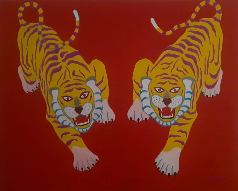 Debabrata Basu - Tigers, Acrylic on Canvas, Red, Yellow by Contemporary ...