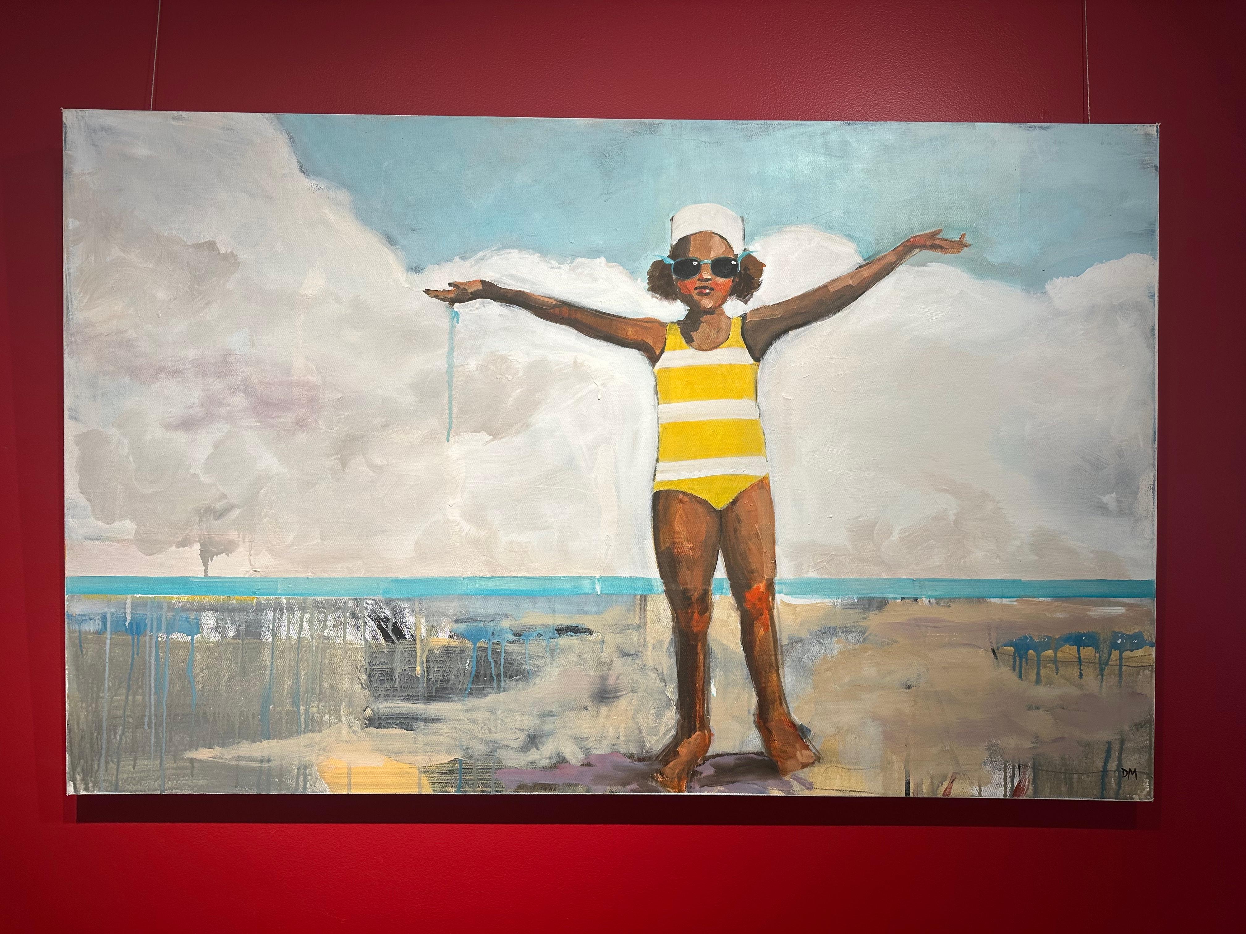 Debbie Miller - "Home Again" oil painting of a girl in yellow striped ...