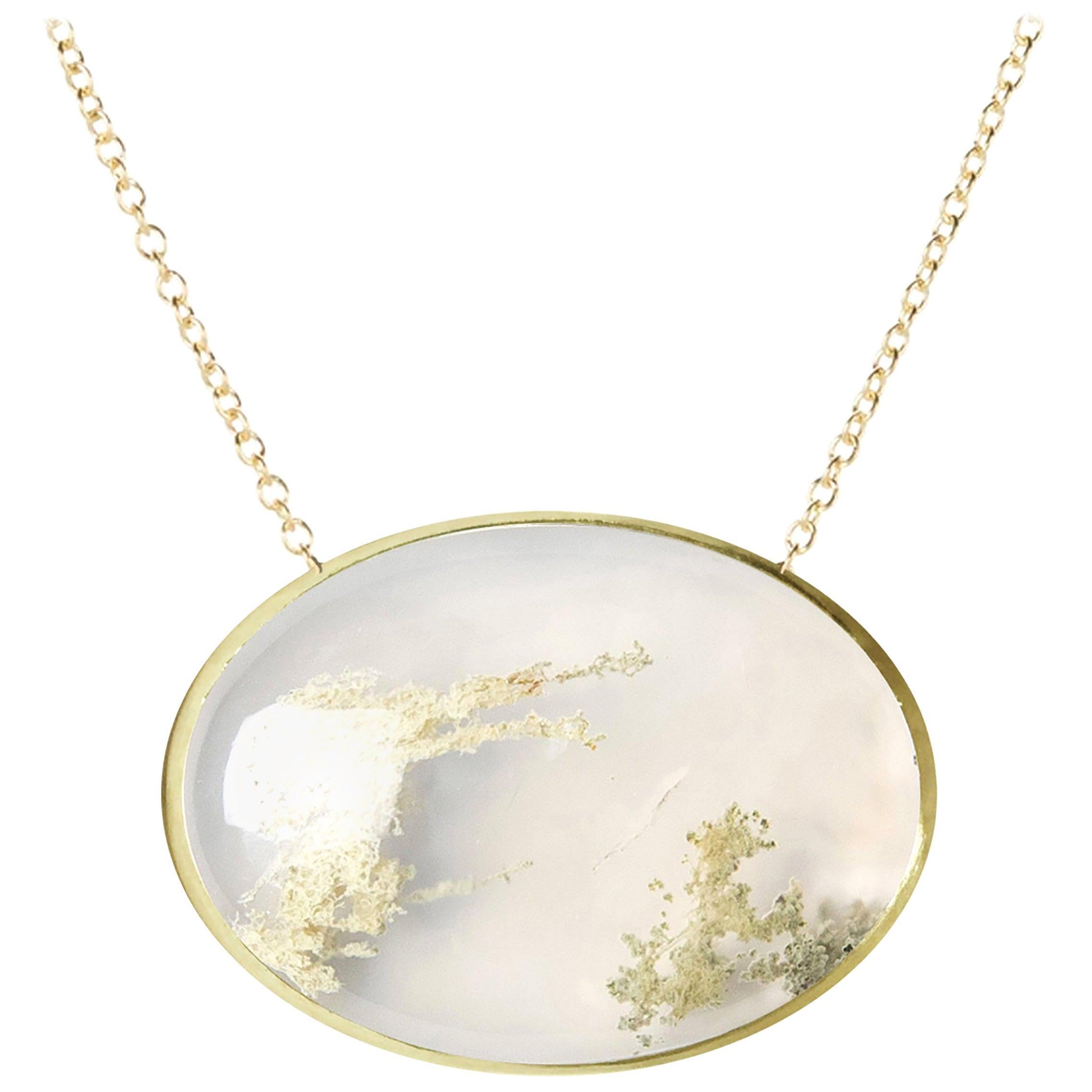 Oval Floral Dendritic Agate Yellow Gold Granulation Yellow Gold Pendant ...