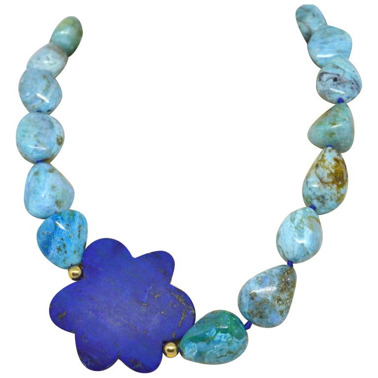 Decadent Jewels African Blue Opal Lapis Lazuli Gold Necklace at 1stDibs