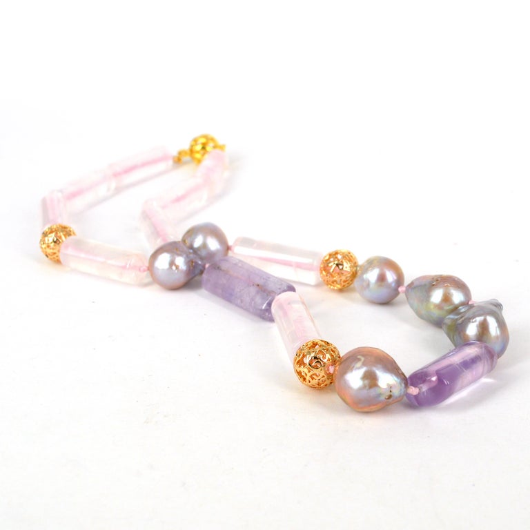 Decadent Jewels Rose Quartz Amethyst Pink Pearl Gold Necklace at 1stDibs