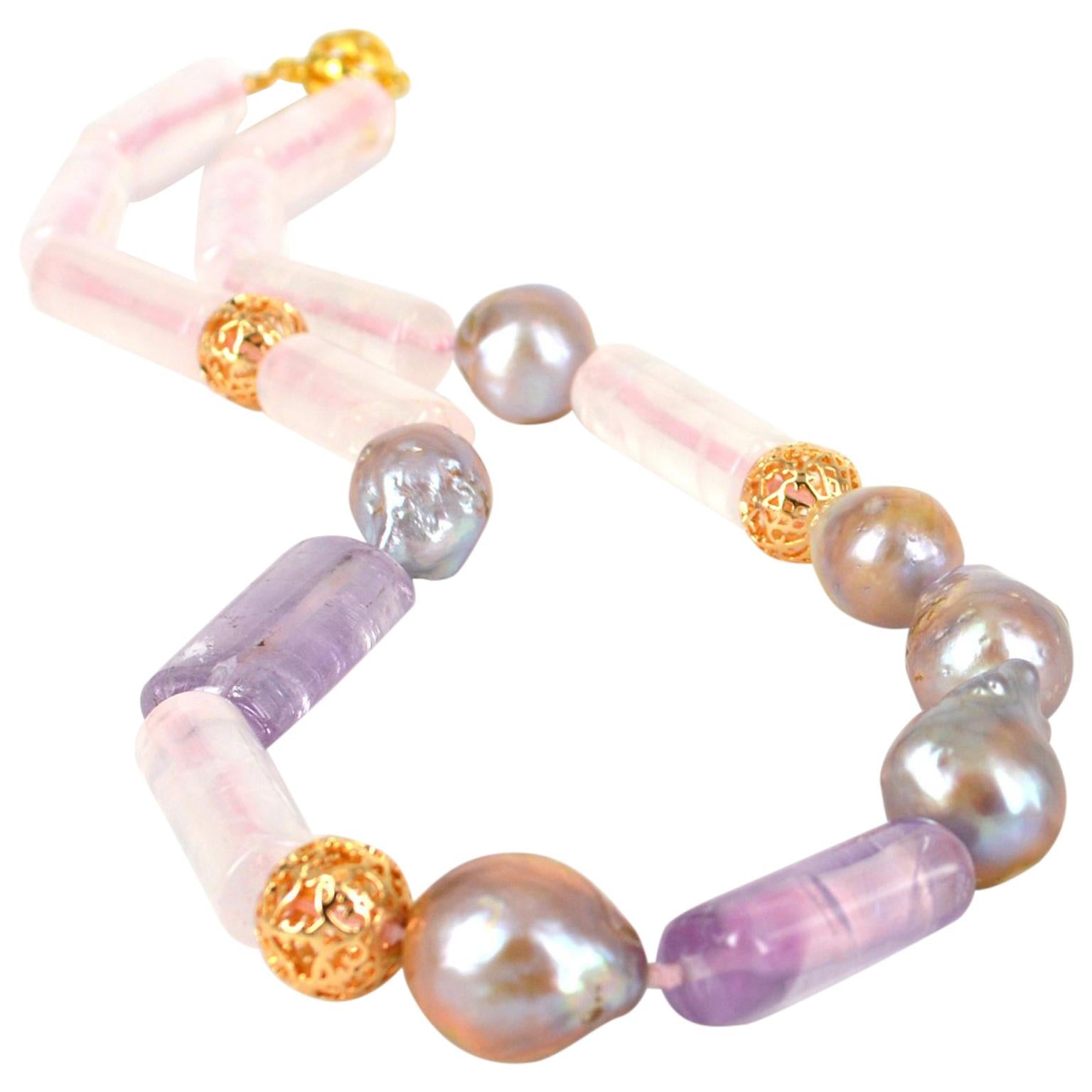 Decadent Jewels Rose Quartz Amethyst Pink Pearl Gold Necklace at 1stDibs