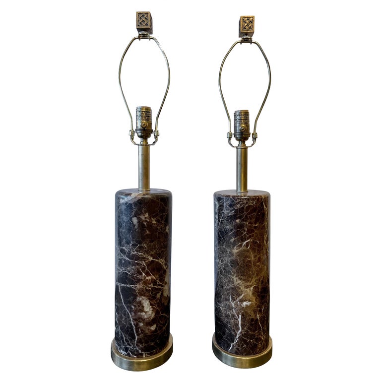 Deco Pair of Brass Base Marble Cylindrical Form Table Lamps with ...