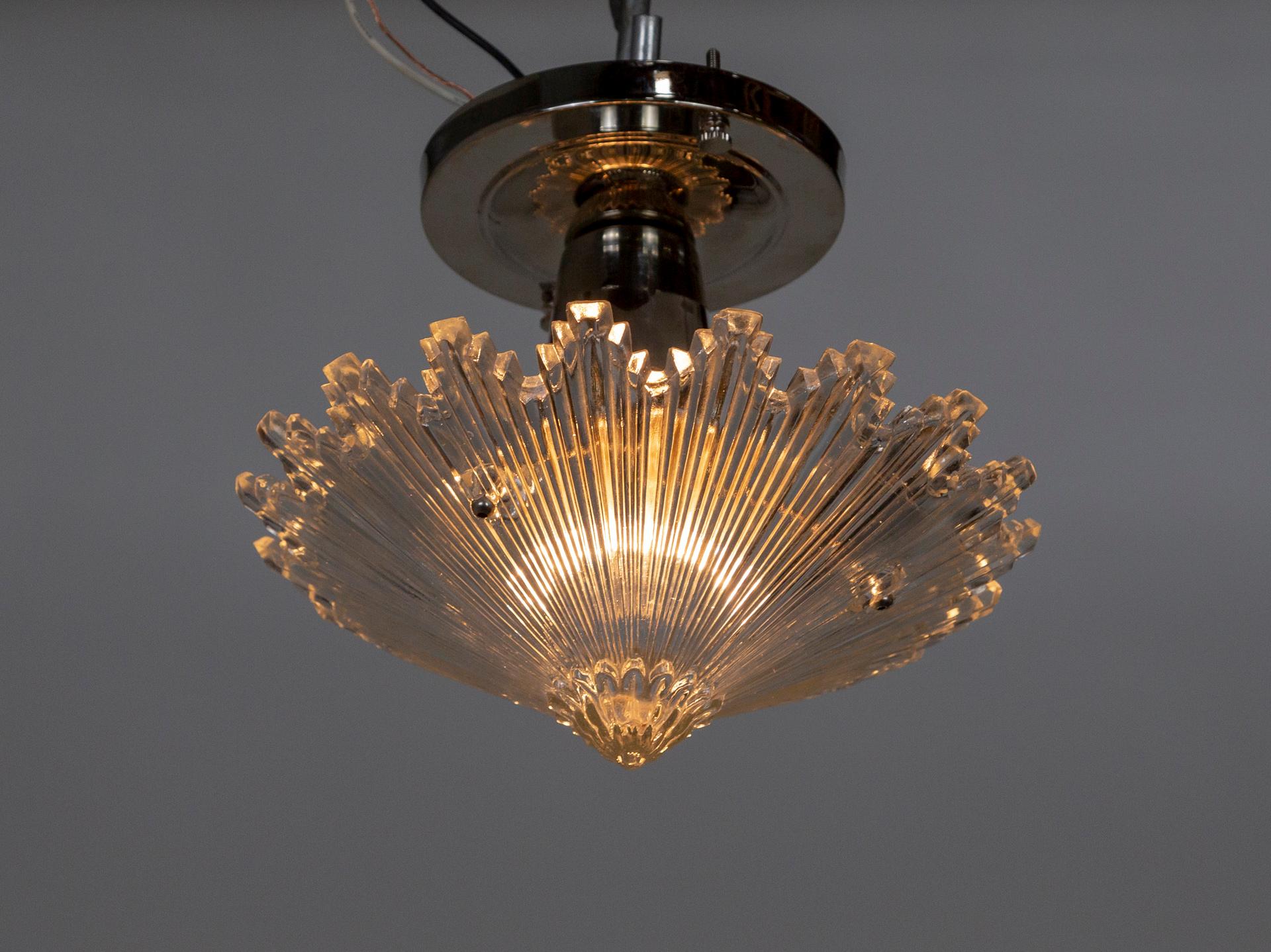 Deco Radial Ribbed Molded Glass Star Light Fixture W/ Chrome Mount 3 ...