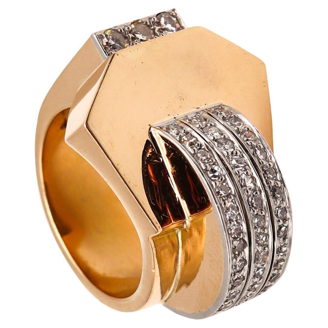 Italian Retro 1960 Modern Cocktail Ring 18Kt Gold And Platinum With VS ...