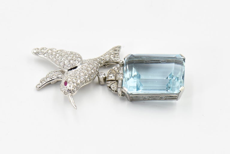 Deco Style Diamond Bird on Aquamarine White Gold Brooch or Pendant For ...