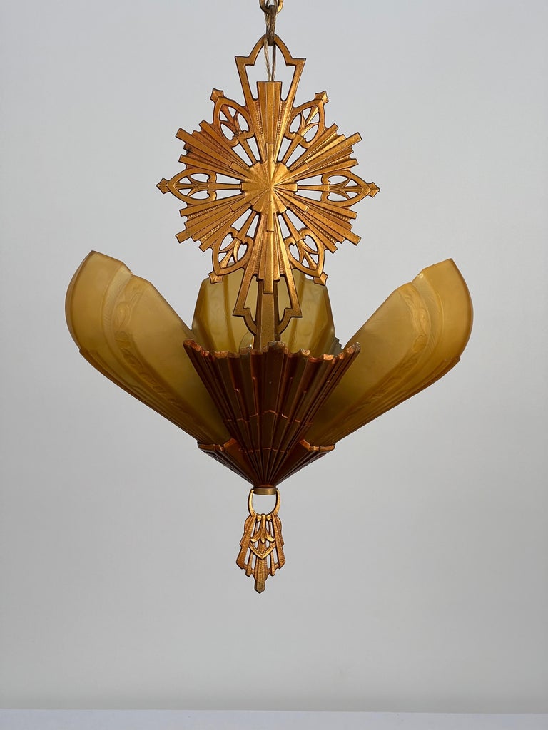 Deco Three Light Amber Glass Slip Shade Fixture For Sale at 1stDibs