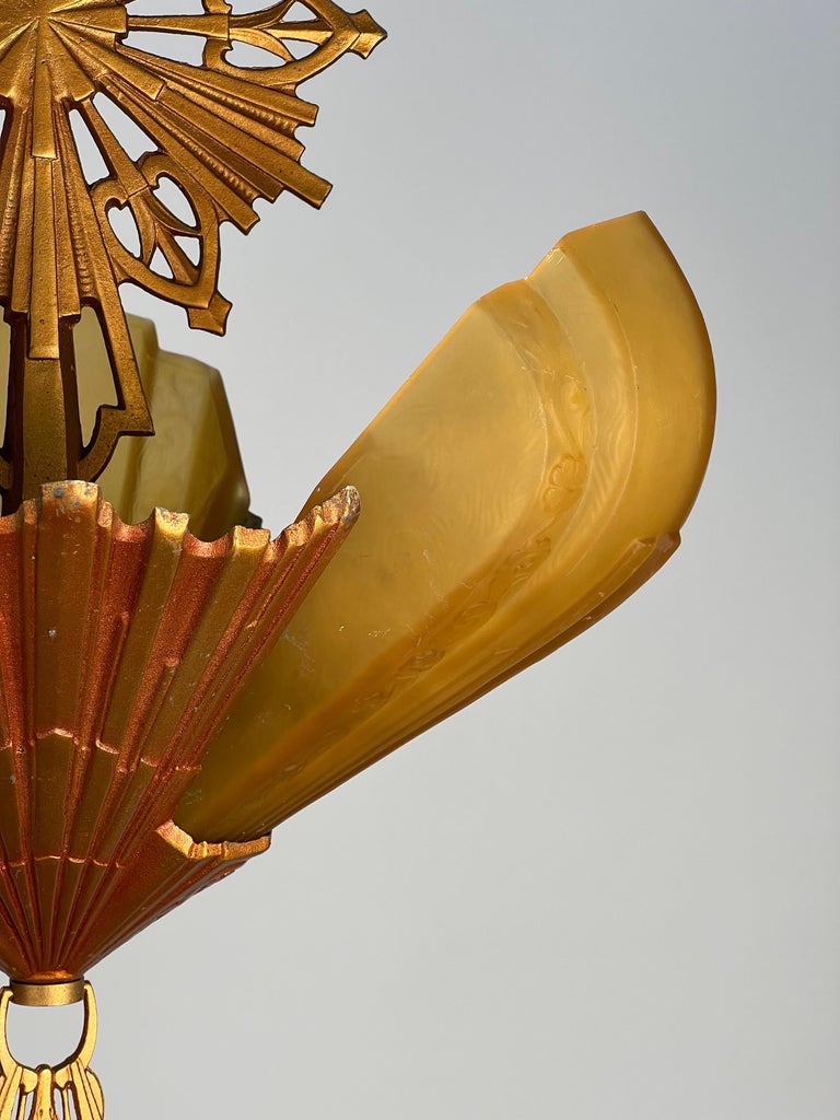 Deco Three Light Amber Glass Slip Shade Fixture For Sale at 1stDibs