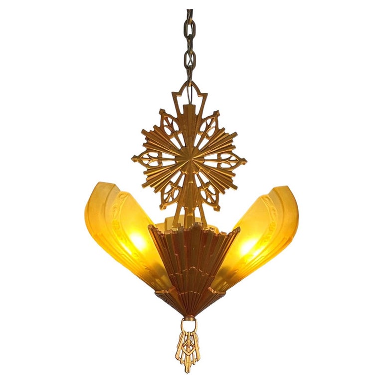 Deco Three Light Amber Glass Slip Shade Fixture For Sale at 1stDibs