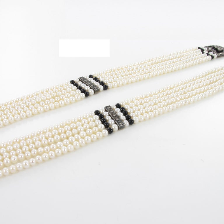 Decorative 5-Strand Cultured Pearl Necklace with Diamonds in Silver ...