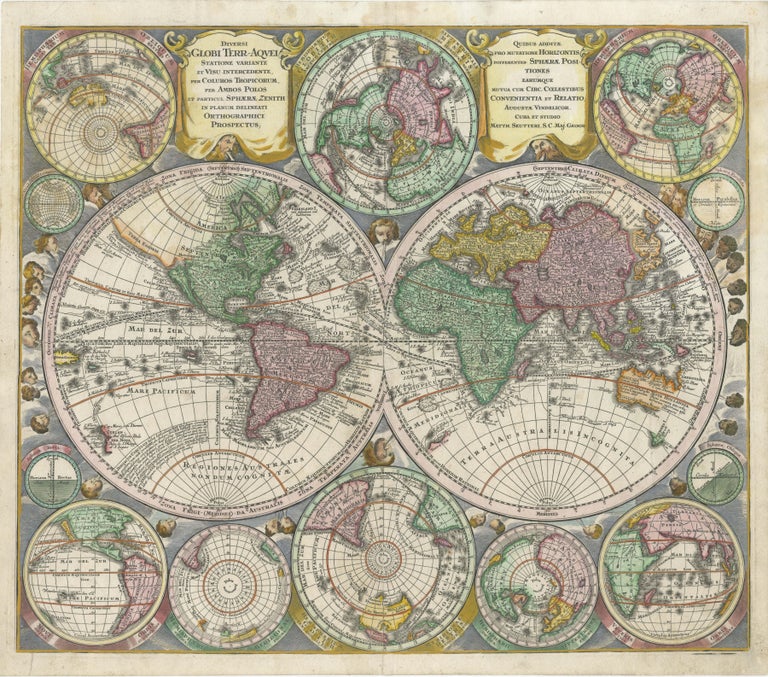 Decorative Antique World Map with two Hemispheres For Sale at 1stDibs