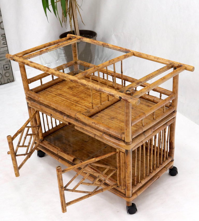 Decorative Burnt Bamboo and Glass Bar Cart For Sale at 1stDibs