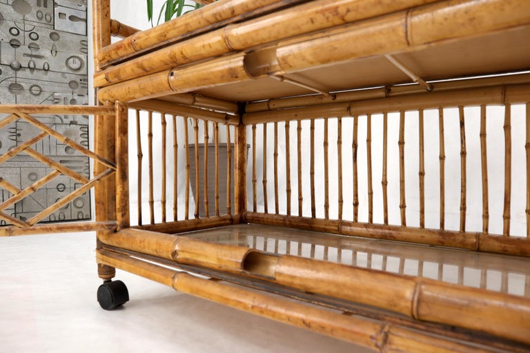 Decorative Burnt Bamboo and Glass Bar Cart For Sale at 1stDibs