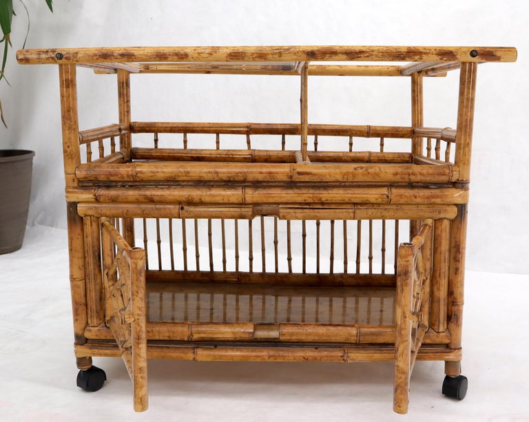 Decorative Burnt Bamboo and Glass Bar Cart For Sale at 1stDibs