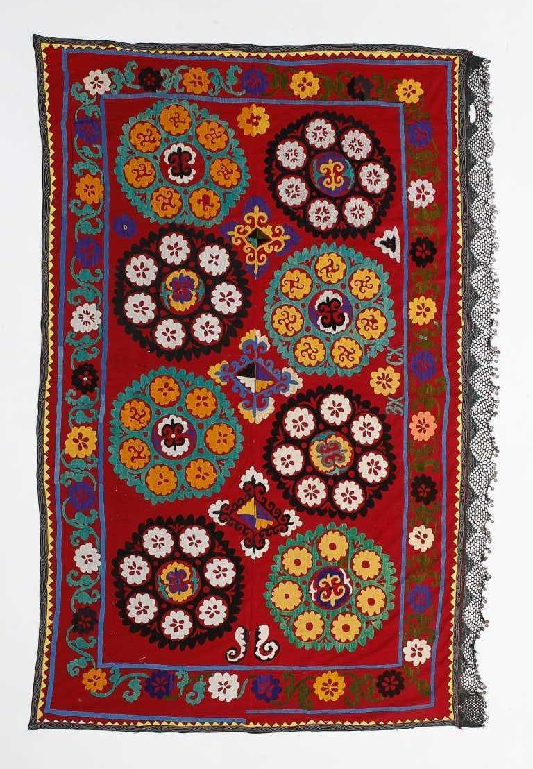 Decorative Central Asian Suzani Textile, Embroidered Cotton and Silk ...