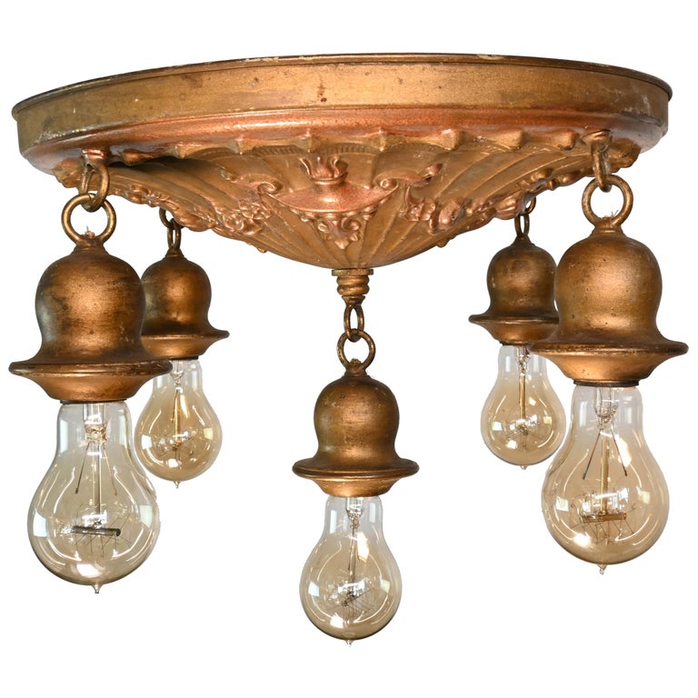 Decorative Embossed Brass 5 Bulb Ceiling Flush at 1stDibs | flush bulb