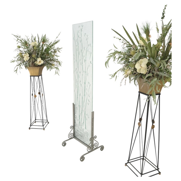 Decorative Floral Scene Theme Molded Glass Panel w/ Wrought Iron Stand ...