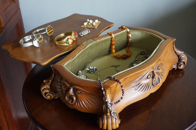 Decorative Hand Carved Baroque Revival Jewelry Box with Masks and Green ...
