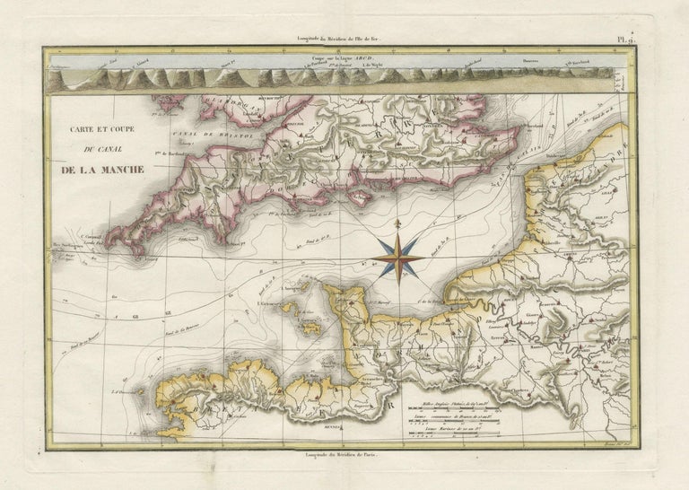 Decorative Hand-Colored French Map of the English Channel, 1827 For ...